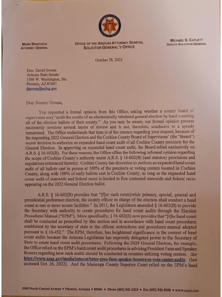 Former AG Mark Brnovich Letter To Arizona State Senator David Gowan Re ...