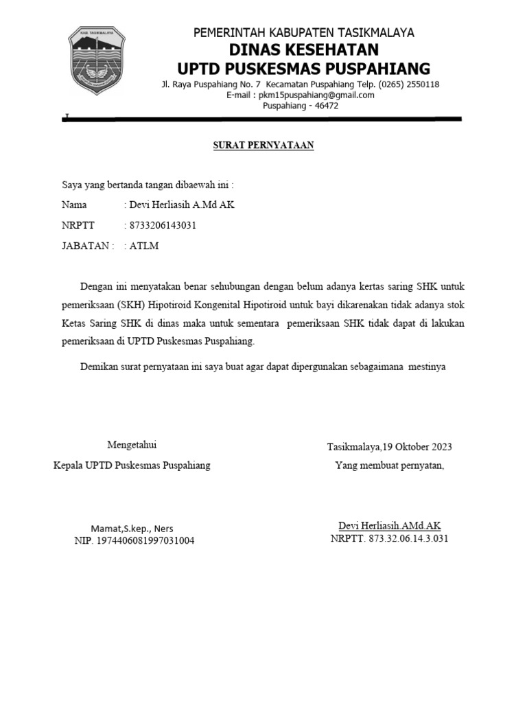 Surat Pernyataan Kertas Saring SHK | PDF
