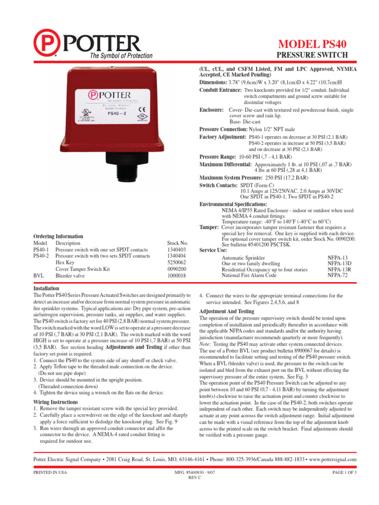 PS40 Pressure Switches | PDF | Fire Sprinkler System | Switch
