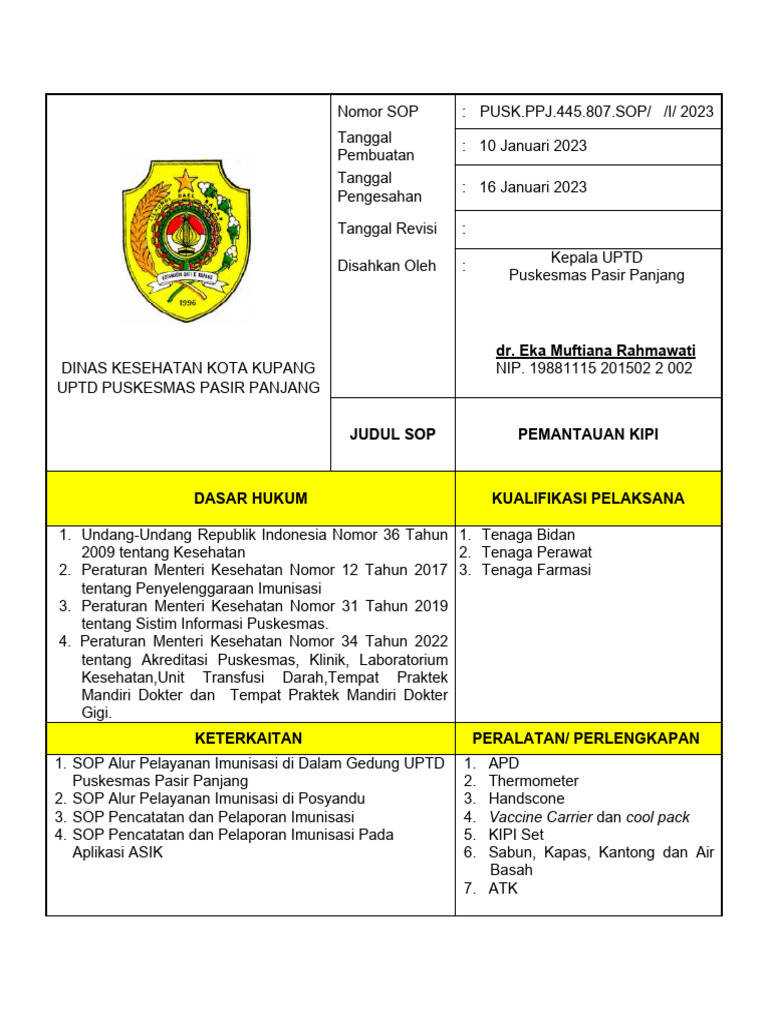 SOP Pemantauan KIPI (Kejadian Ikutan Pasca Imunisasi) | PDF