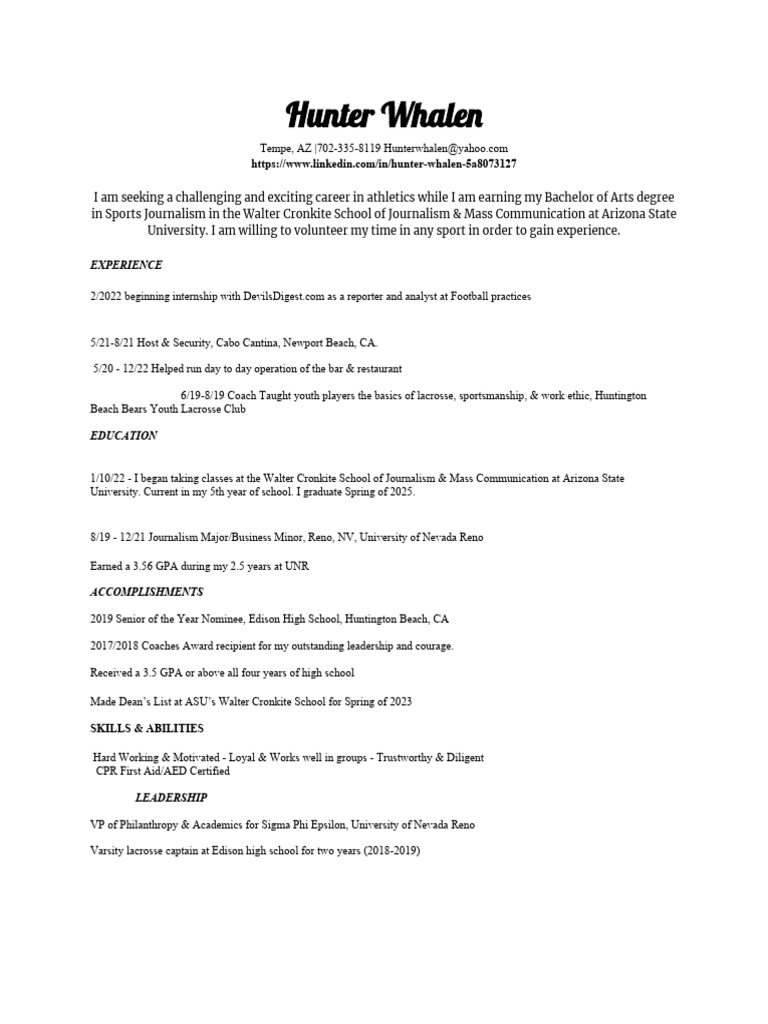 Hunter Whalen Curret Resume 2023 | PDF