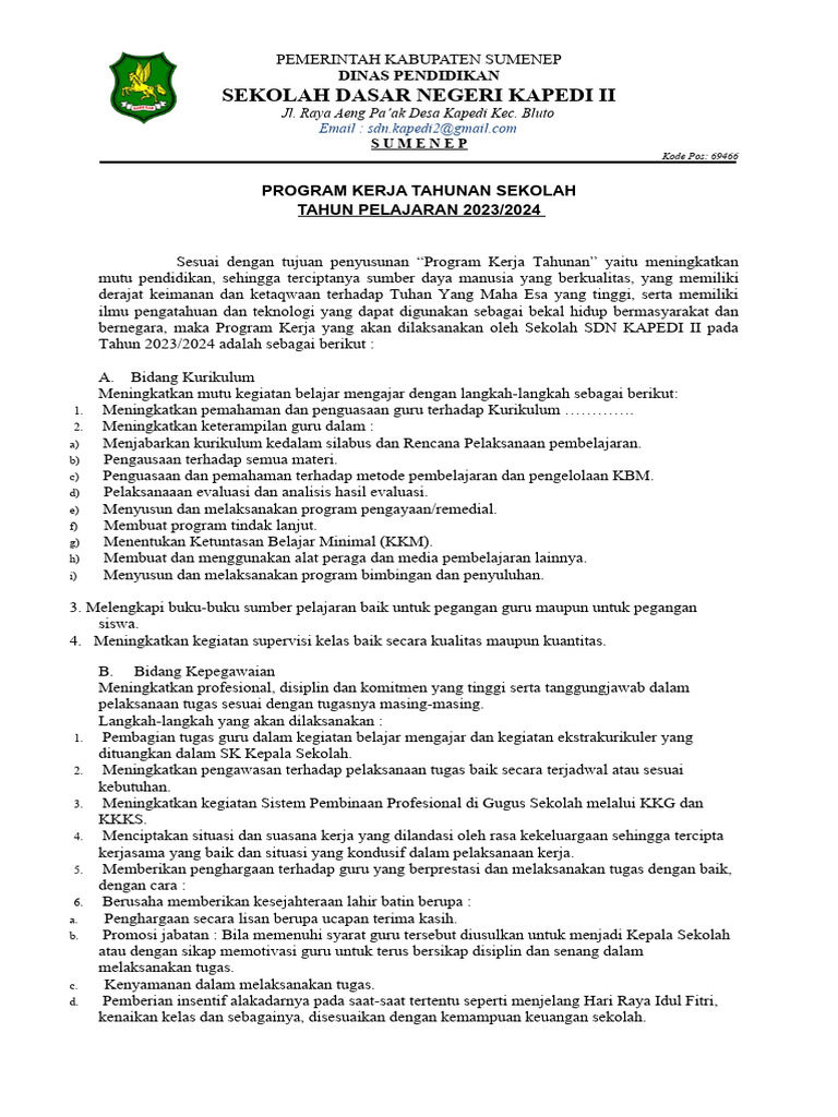 Program Kerja Tahunan Sekolah | PDF