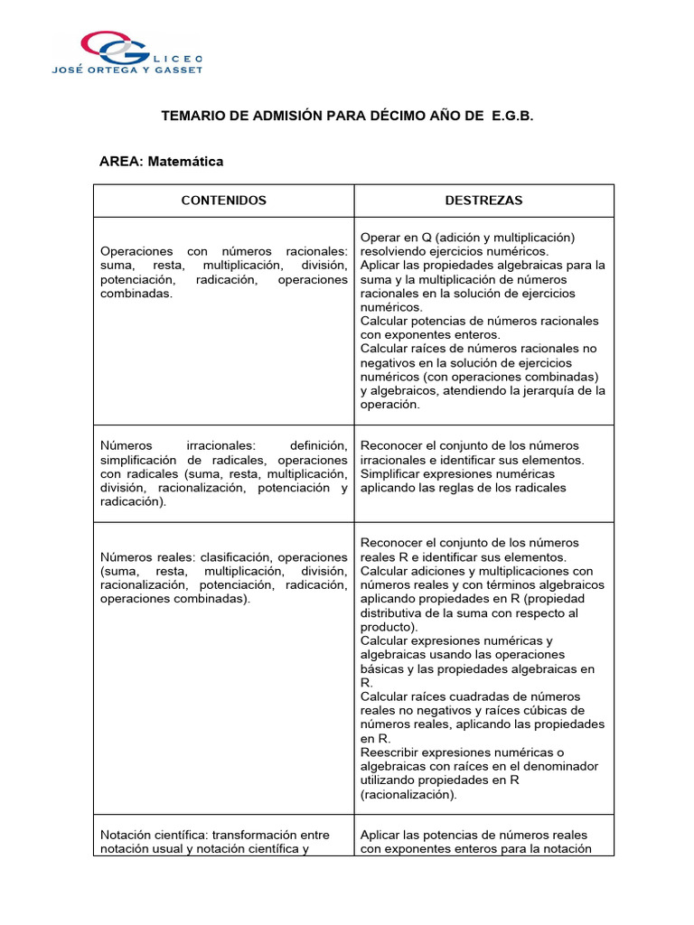 Temario 10mo EGB | PDF | Números | Exponenciación