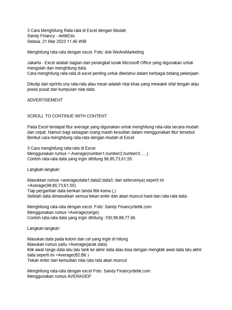 Cara Mudah Hitung Rata-rata di Excel | PDF