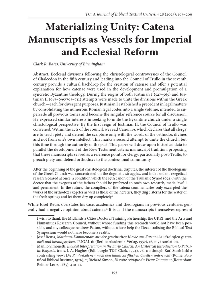 Materializing Unity: Catena Manuscripts As Vessels For Imperial and Ecclesial Reform | PDF ...