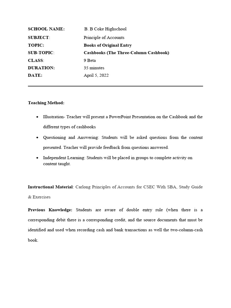 Three-Column Cashbook Lesson Plan | PDF | Debits And Credits | Cash