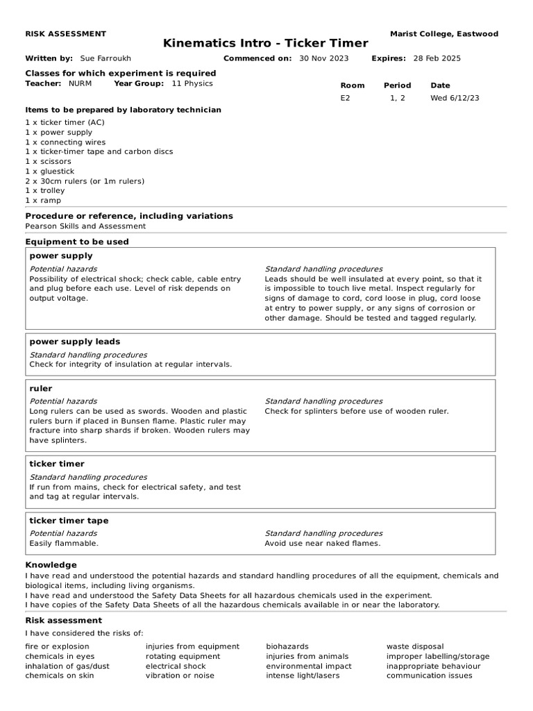 Kinematics Intro Ticker Timer | PDF | Risk | Laboratories