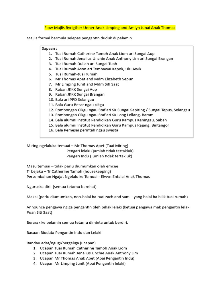 Flow Majlis Byrigther Unner Anak Limping and Amlyn Junai Anak Thomas | PDF
