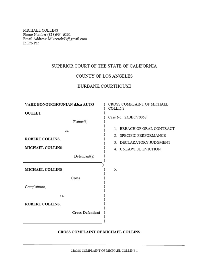 Michael Collins' Cross Complaint Overview | PDF | Damages | Individual ...