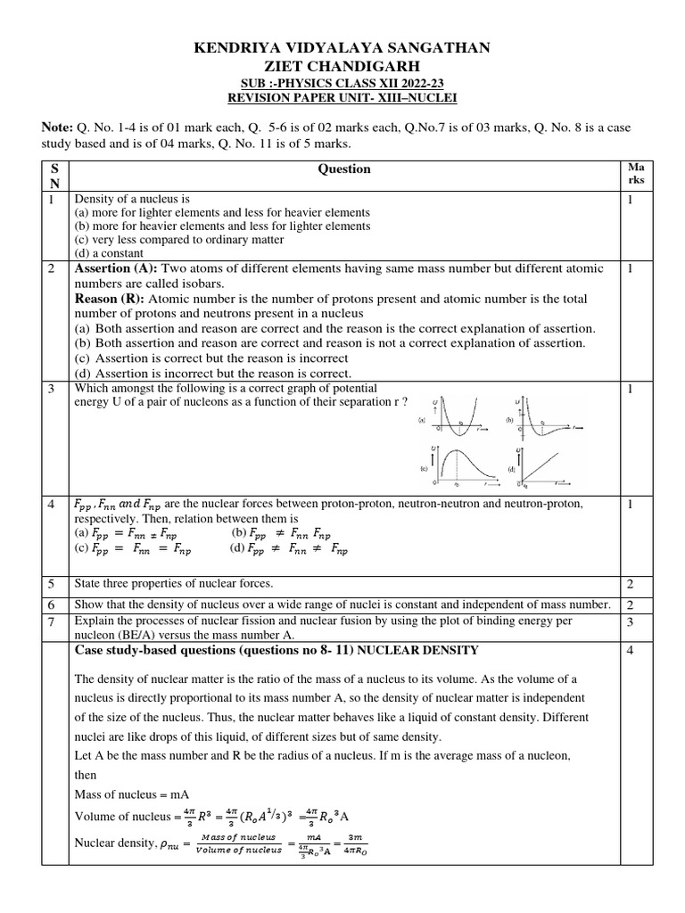 Revision Paper Physics-12, Unit-Xiii | PDF | Atomic Nucleus | Nuclear Force
