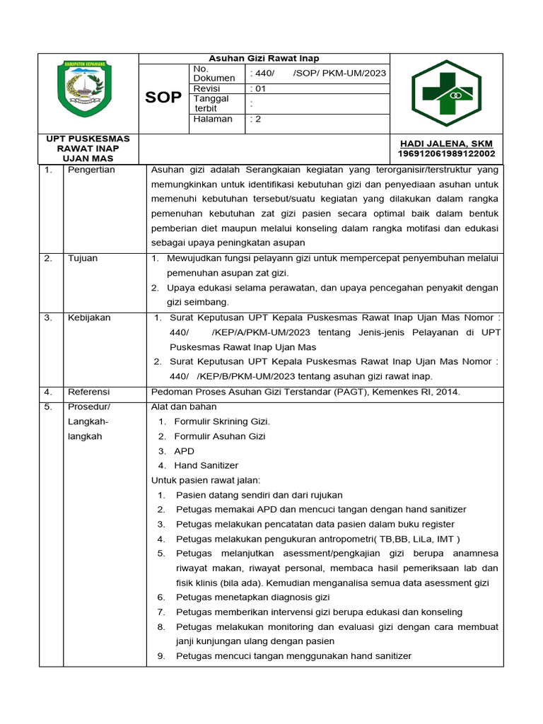 SOP Asuhan Gizi Ranap | PDF