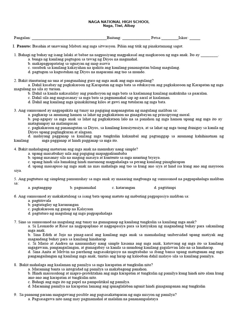 ESP-G8-2023-1ST-QUARTER-summative EXAM | PDF