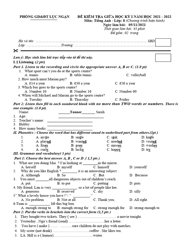 De Giua Ky I Anh 8 Hien Hanh | PDF