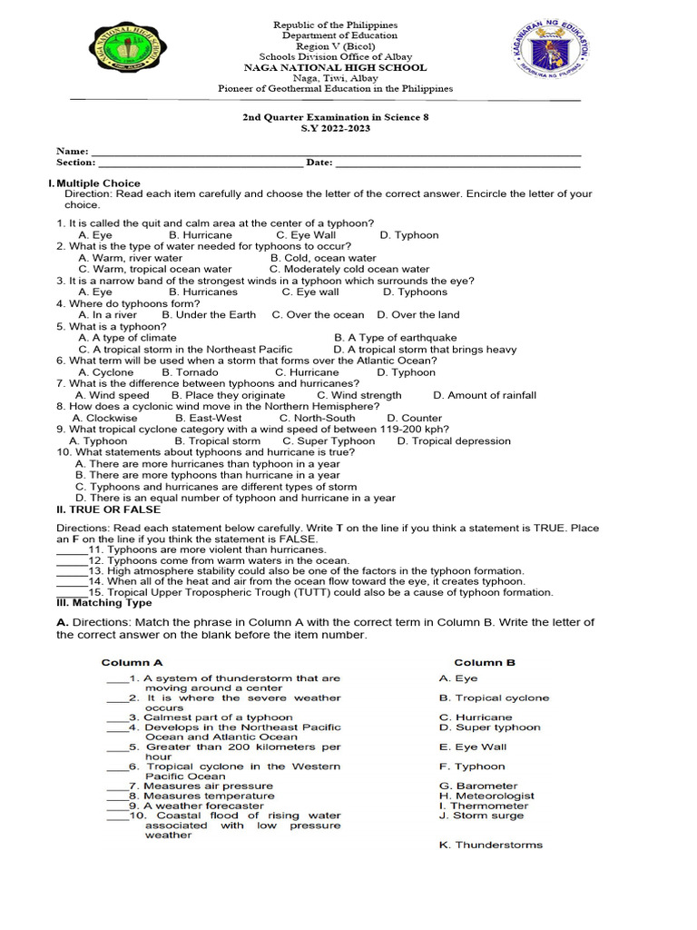 2nd Quarter Exam | PDF | Tropical Cyclones | Eye (Cyclone)