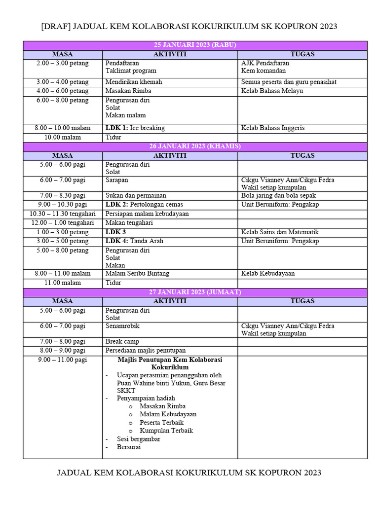 Jadual Kem Kolaborasi Kokurikulum SK Kopuron | PDF