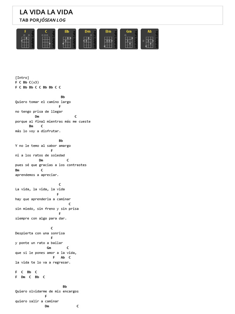 La Vida La Vida Tab Por Jósean Log - Ukulele Tabs | PDF