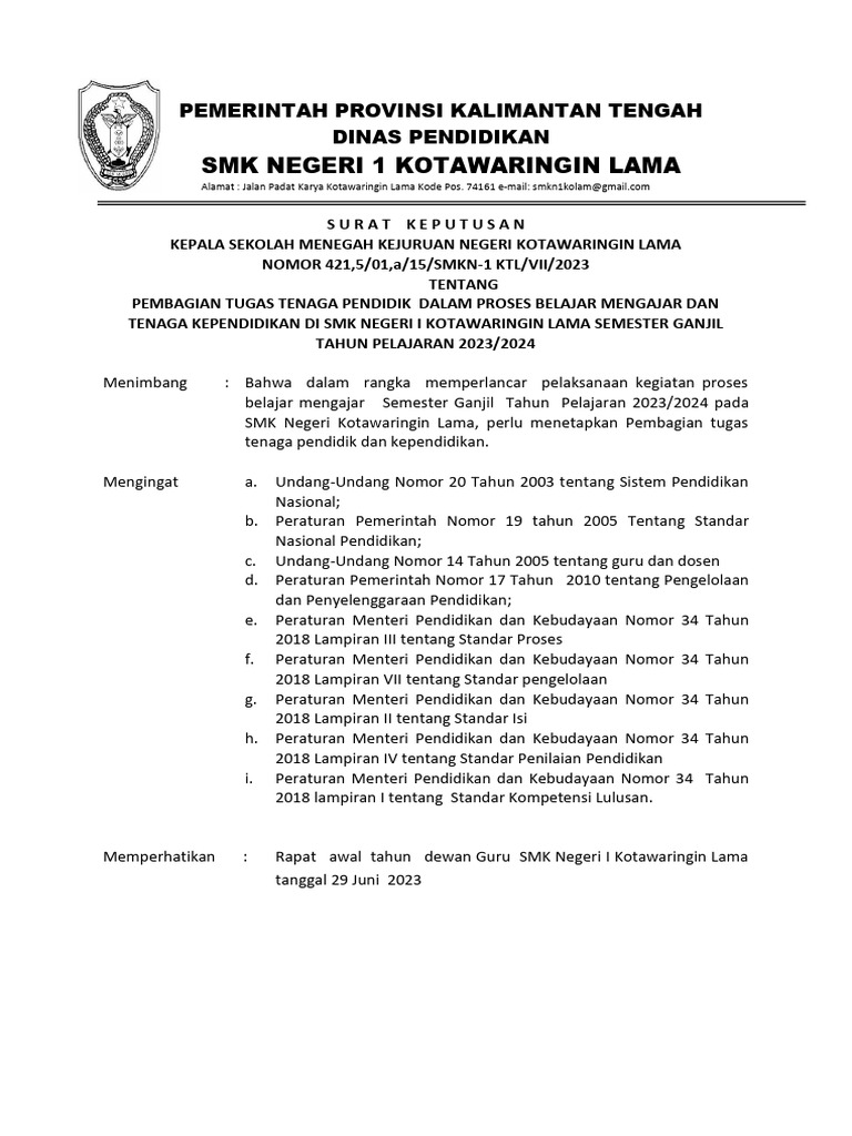 SK Pembagian Jam Mengajar | PDF