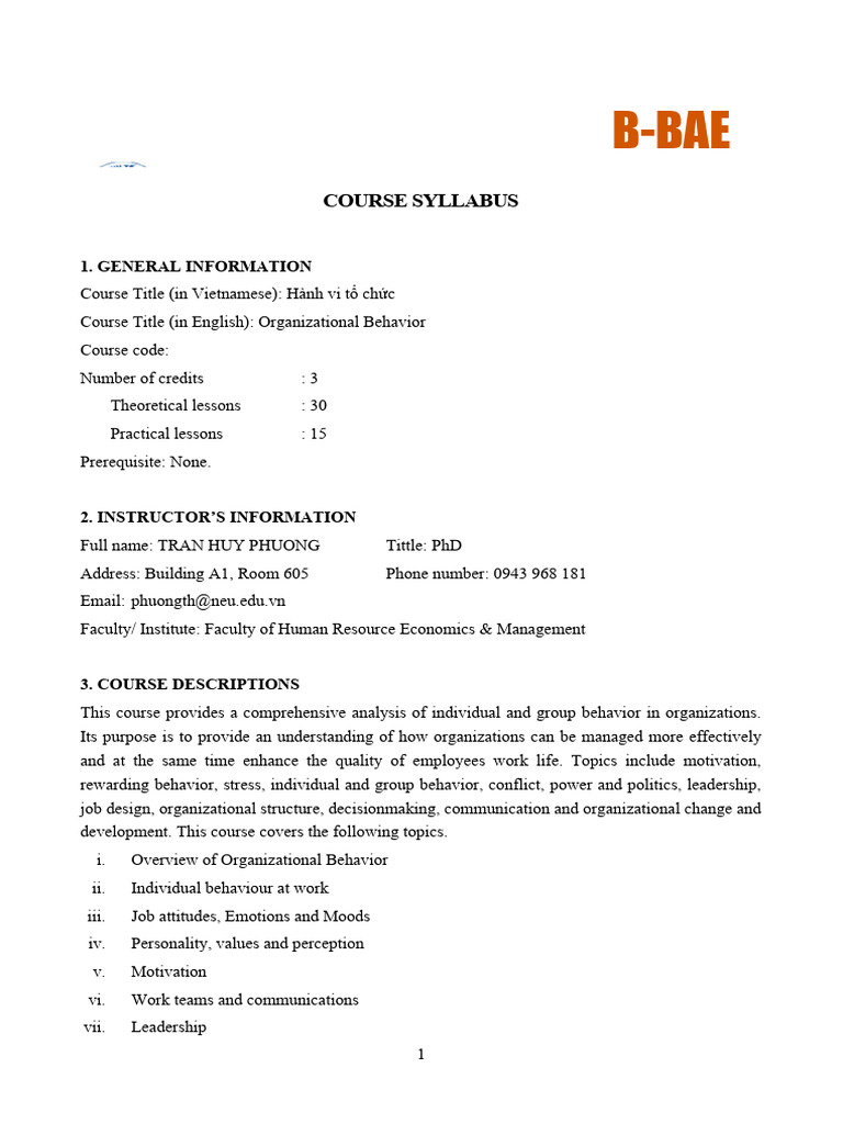 (Template) Syllabus Organizational Behavior | PDF | Leadership ...