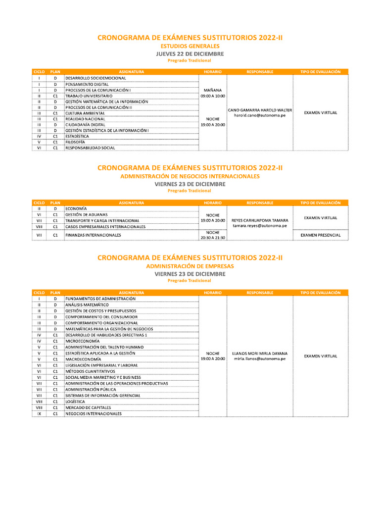 Cronograma Examen Sustitutorio 2022 - 2 | PDF