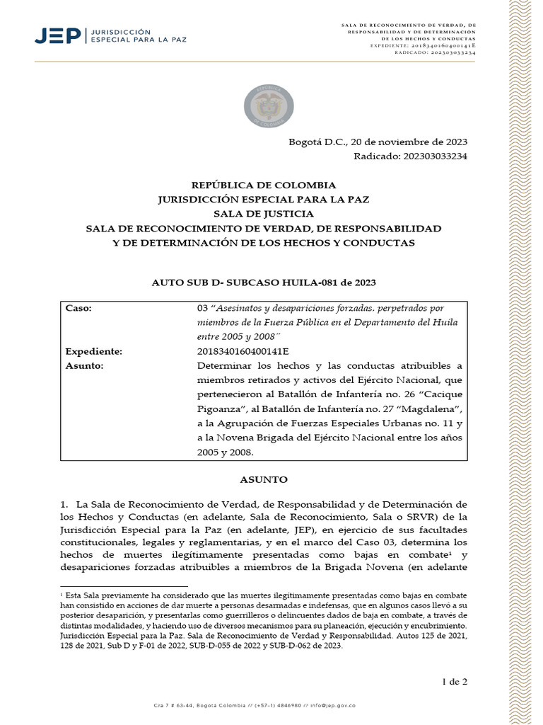 Adhc Sub D-Subcaso Huila-081 de 2023 2 | Descargar gratis PDF | Crímenes contra la humanidad ...