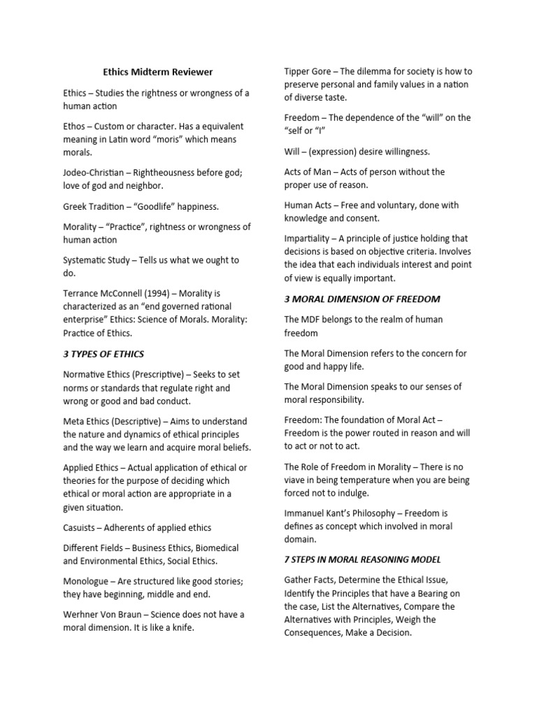 Ethics Midterm Reviewer | PDF | Morality | Free Will