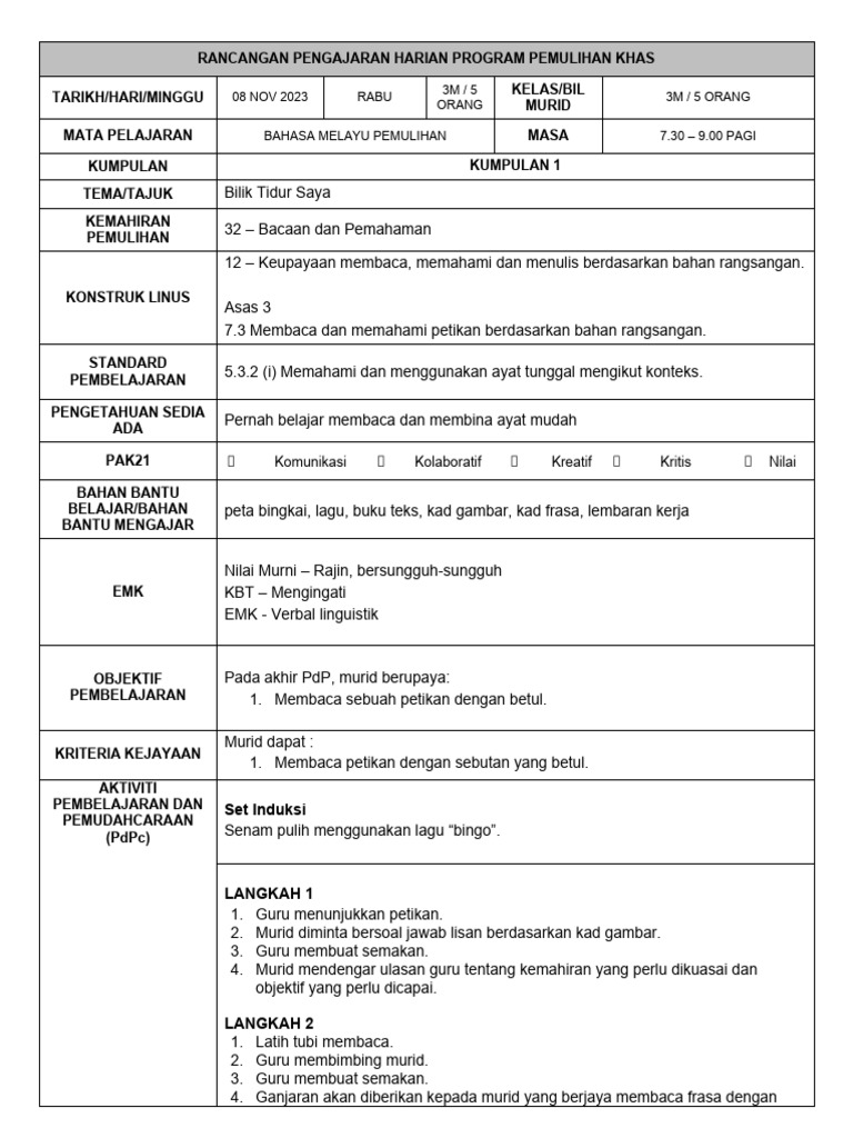 Rancangan Pengajaran Pemulihan Khas | PDF