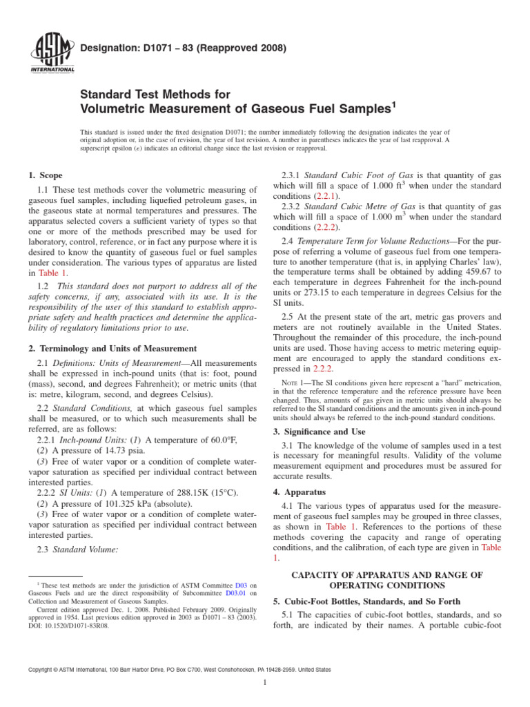 D1071-83 (2008) Standard Test Methods For Volumetric Measurement of ...