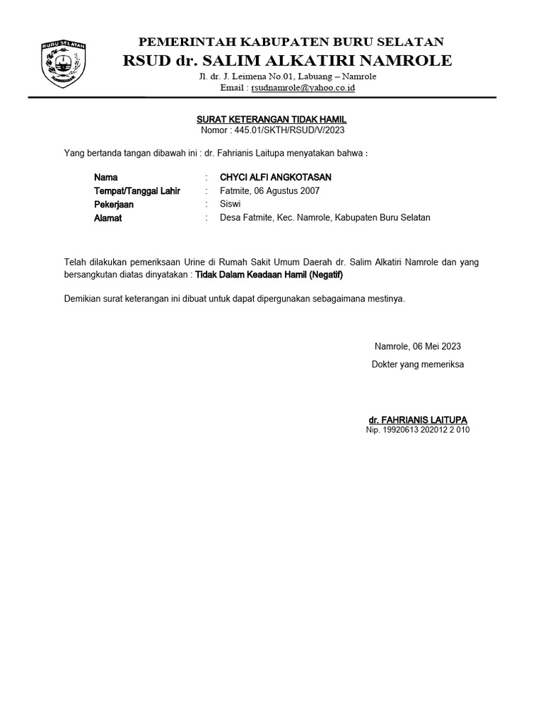 Surat Keterangan Tidak Hamil | PDF