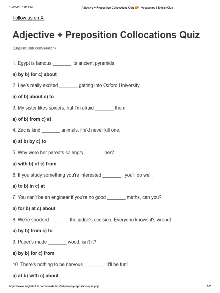 Adjective + Preposition Collocations Quiz ? - Vocabulary - EnglishClub | PDF