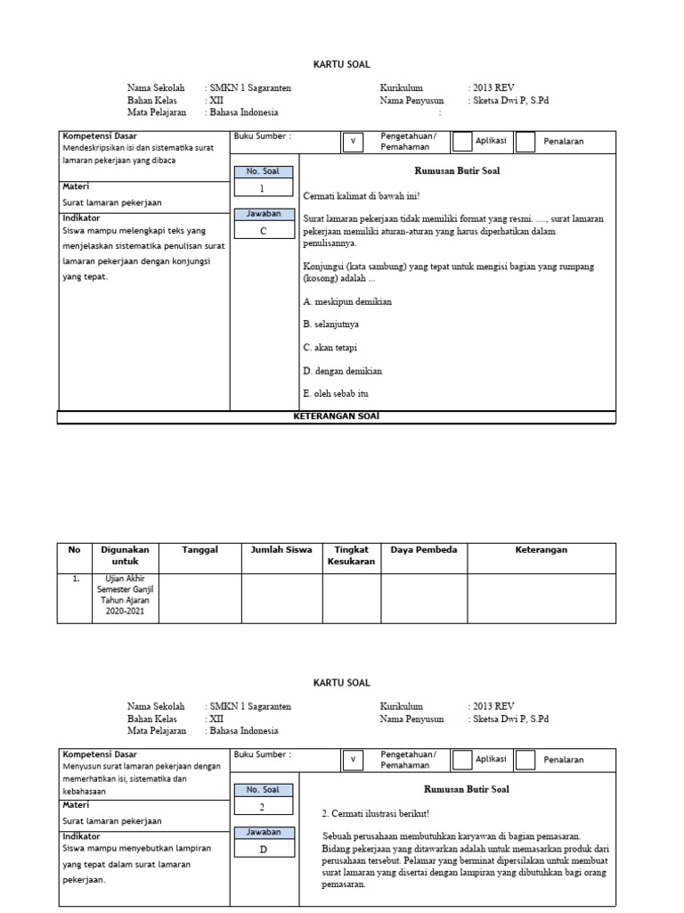 Kartu Soal UAS Bahasa Indonesia Kelas XII Sketsa DP | PDF