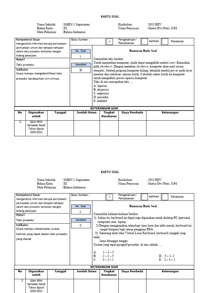 Kartu Soal UAS Ganjil Bahasa Indonesia Kelas XI Sketsa DP | PDF
