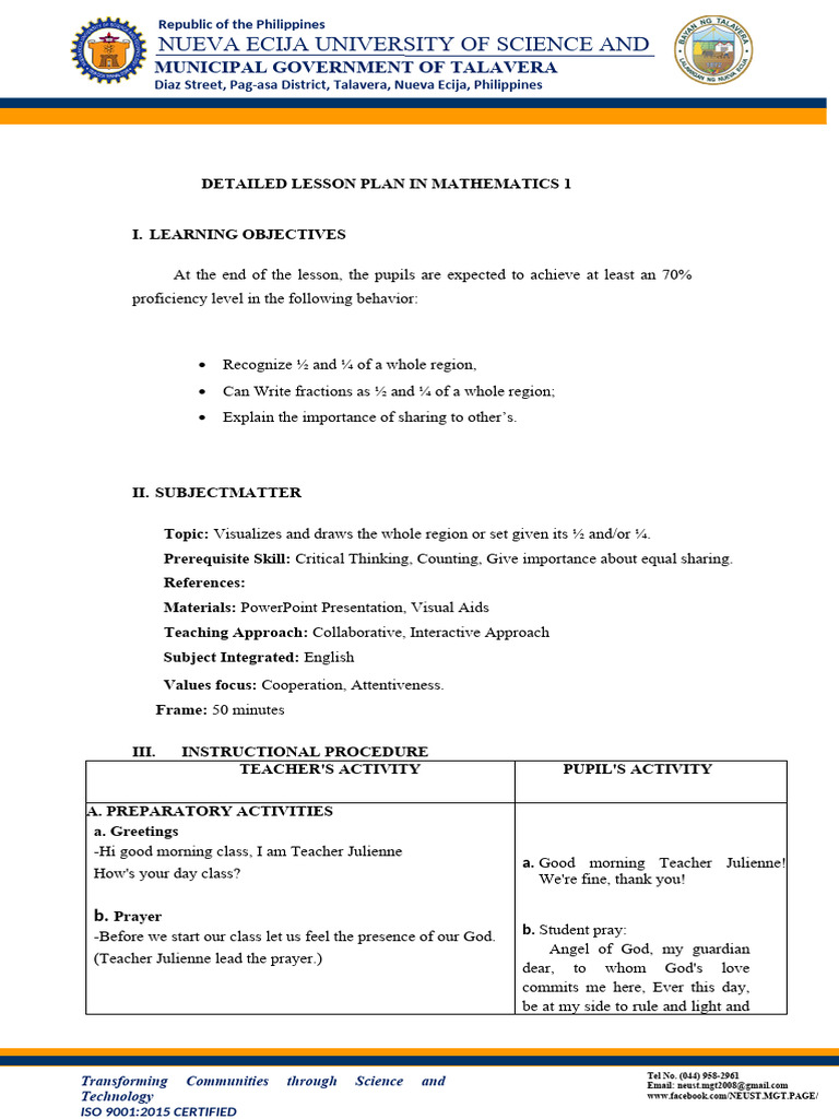 DETAILED LESSON PLAN IN MATHEMATICS 1 Final | PDF | Lesson Plan ...