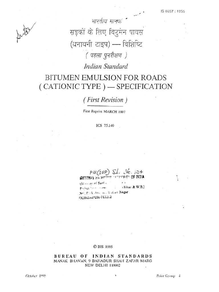Bitumen Emulsion For Roads (Cationic Type - Specification | PDF