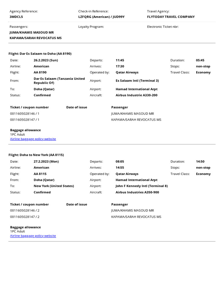 Electronic Ticket Flytoday | PDF | American Airlines | United Airlines