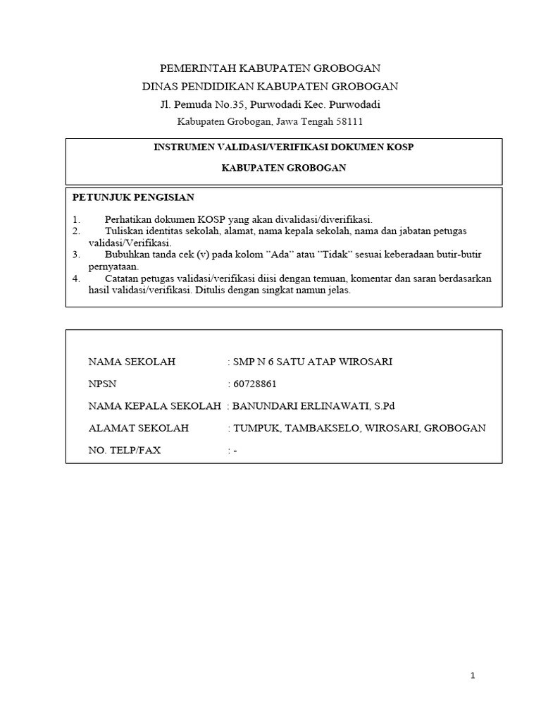 Instrumen Verifikasi Kosp - Oke | PDF