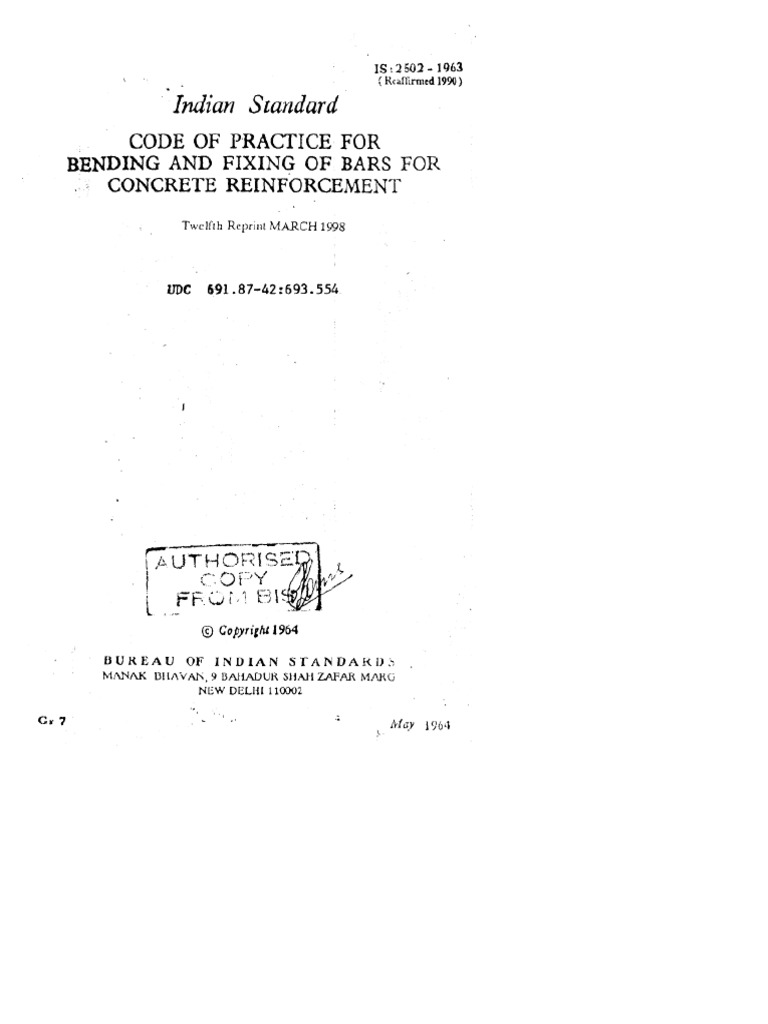 Indian Standard Code of Practice For Bending and Fixing of B | PDF