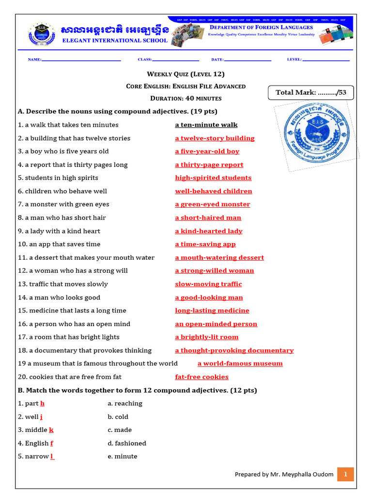 Compound Adjectives Weekly Quiz | PDF | Grammar | Linguistic Typology