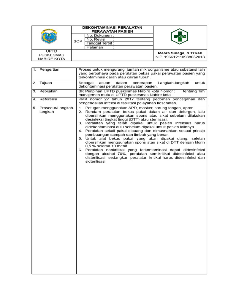 Sop Dekontaminasi Peralatan Perawatan Pasien | PDF