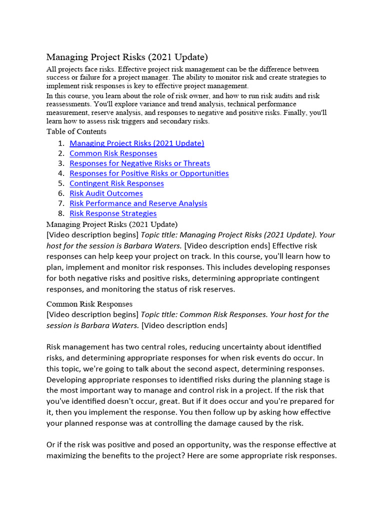 Managing Project Risks (2021 Update) - 042340 | PDF | Risk | Risk ...