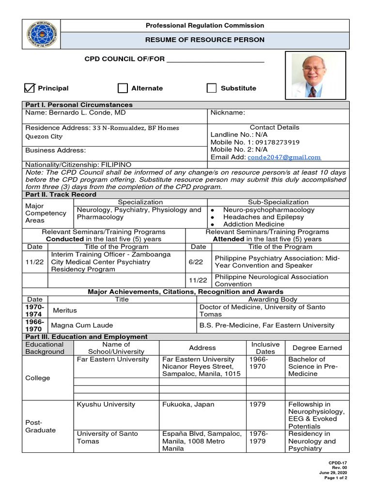 v2 CPDD 17 Resume of Resource Person Dr. Bernardo L. Conde Signed | PDF ...