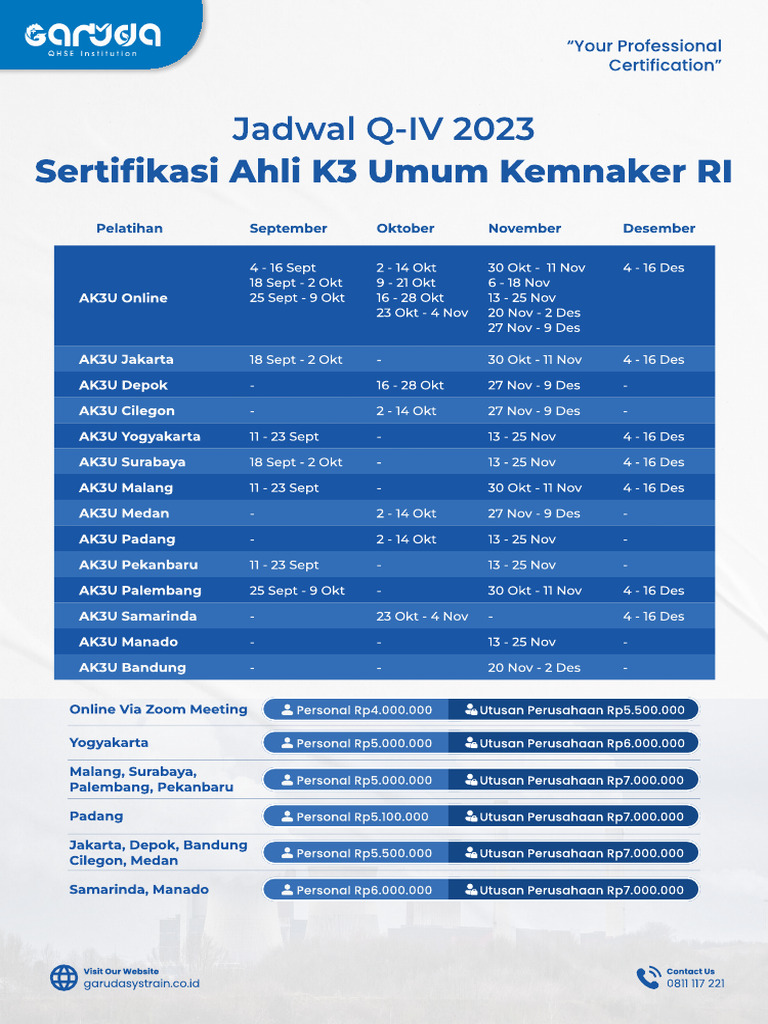 Jadwal Pelatihan Dan Sertifikasi Garuda QHSE Institution 2023 2024 | PDF