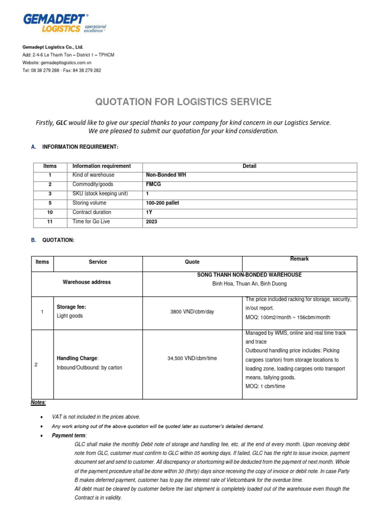 Logistics Service Quotation | PDF | Logistics | Warehouse