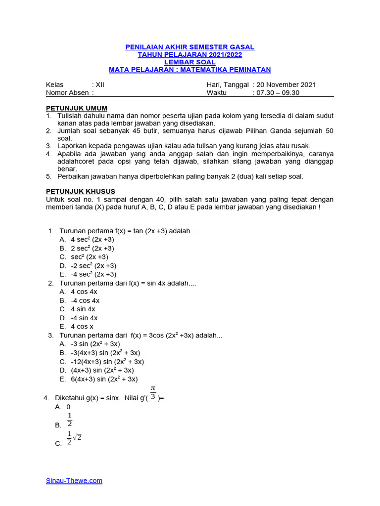 Soal PAS Semester 1 Kelas 12 Matematika Peminatan Tahun 2021 | PDF | Metode & Bahan Ajar | Sains ...