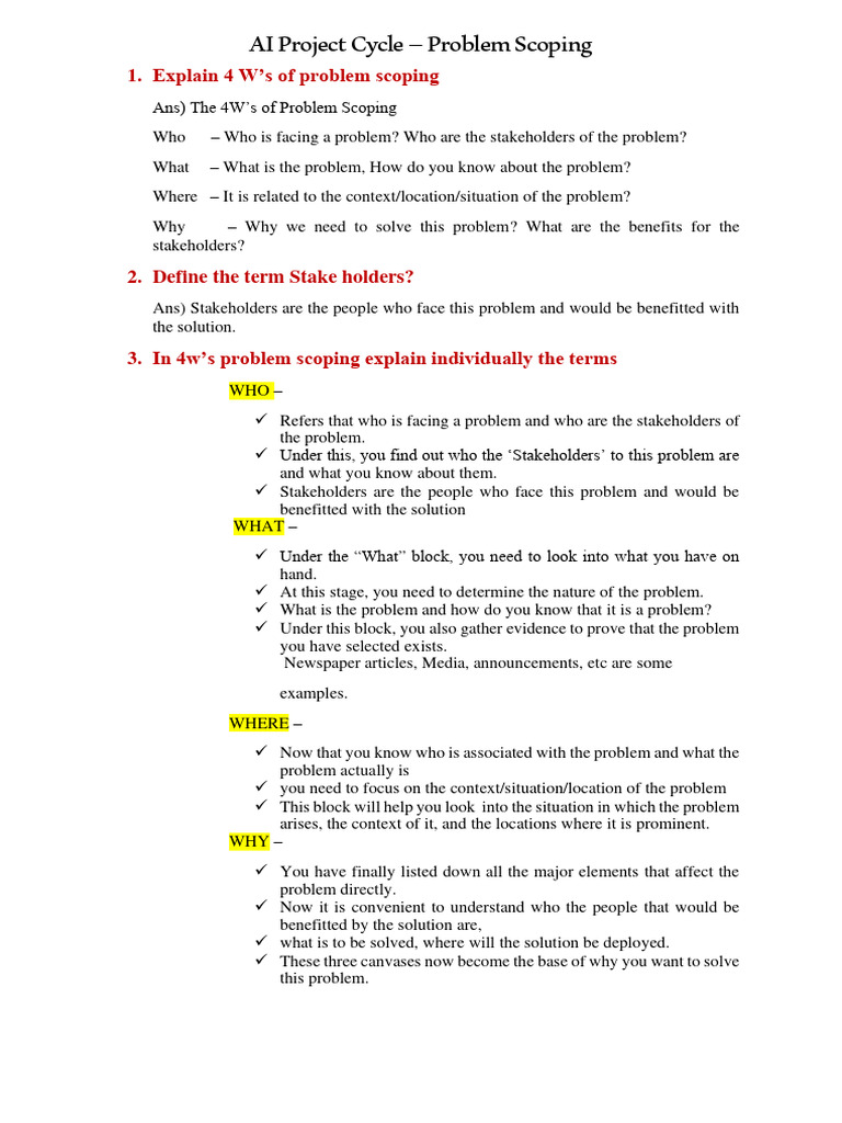 AI Project Cycle Problem Scoping Notes | PDF | Stakeholder (Corporate ...