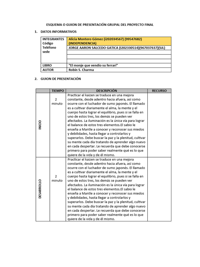 Esquema o Guion de Presentación Grupal Del Proyecto Final | PDF