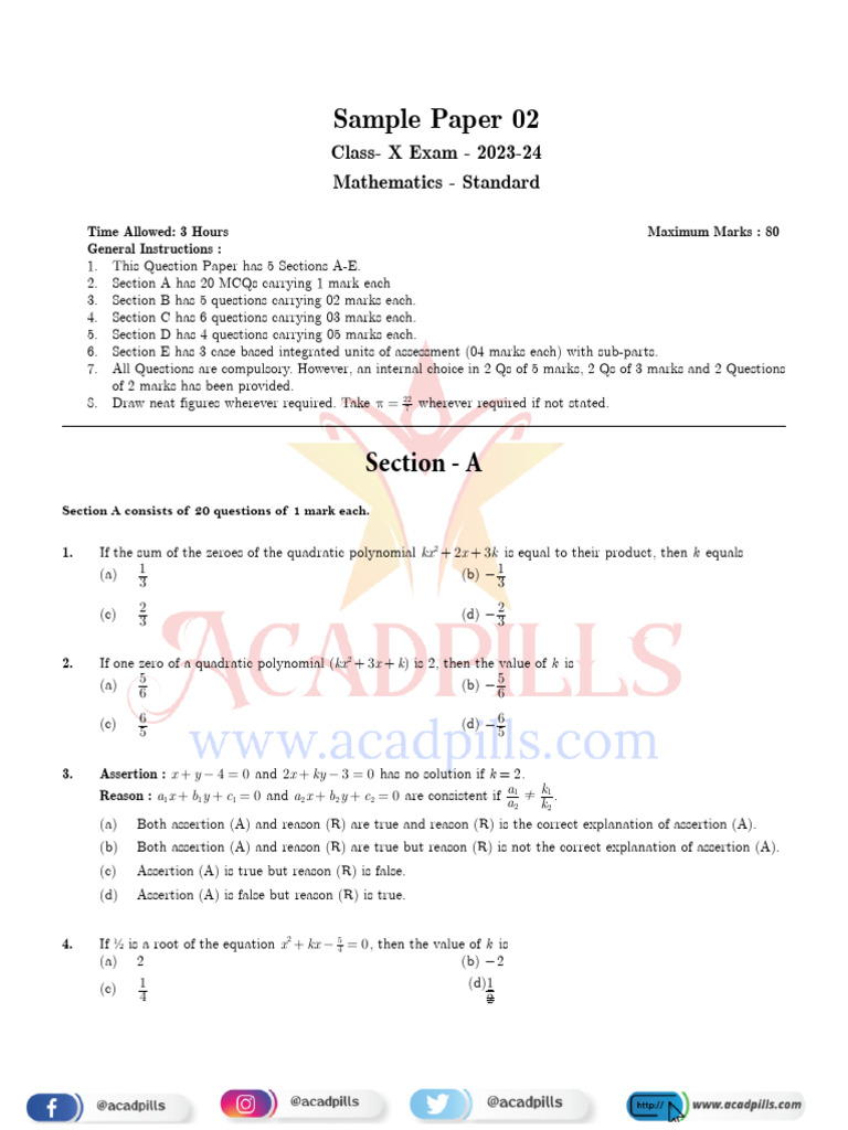 Class X Mathematics Standard Sample Paper | PDF | Mathematics ...