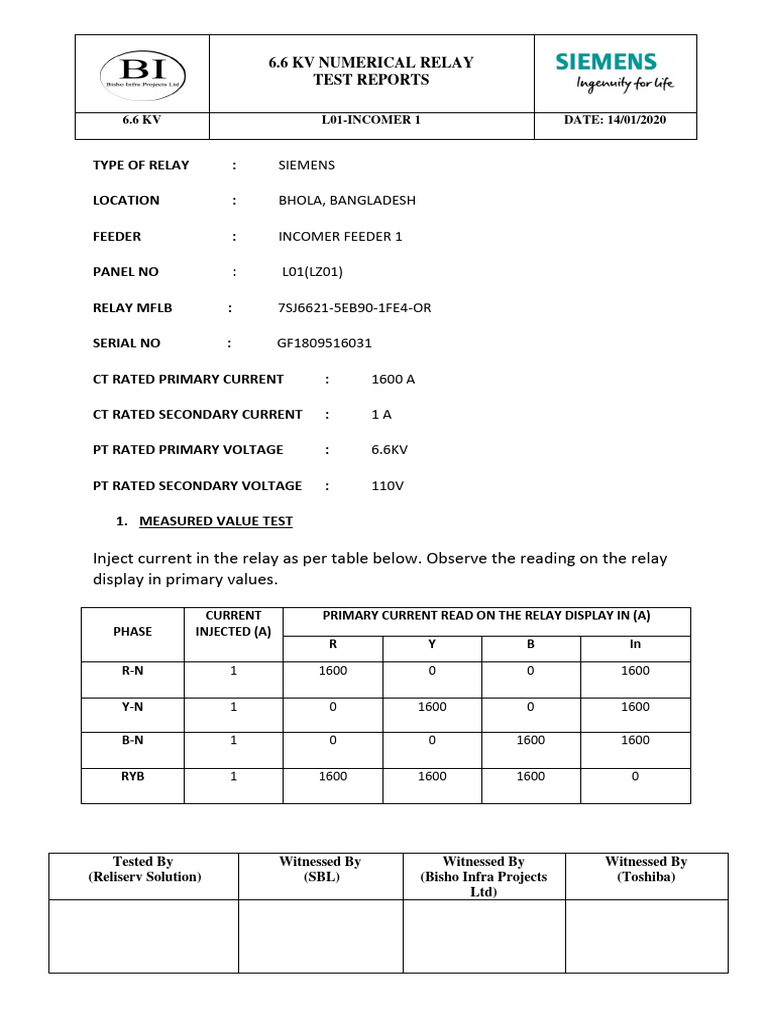 Feeder Protection Sample Test Report | PDF | Electronic Engineering ...