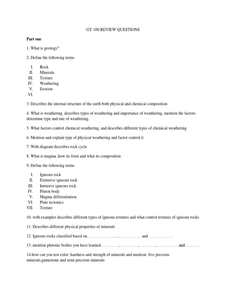 Geology 100 Exam 1 Review Questions | PDF | Sedimentary Rock | Rock ...