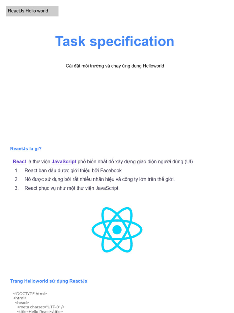 ReactJs - Cài đặt môi trường và ứng dụng Helloworld | PDF