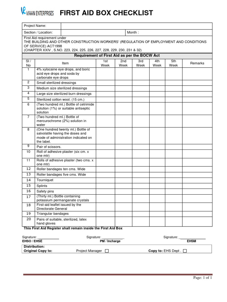 BOCW First Aid Box Checklist | PDF
